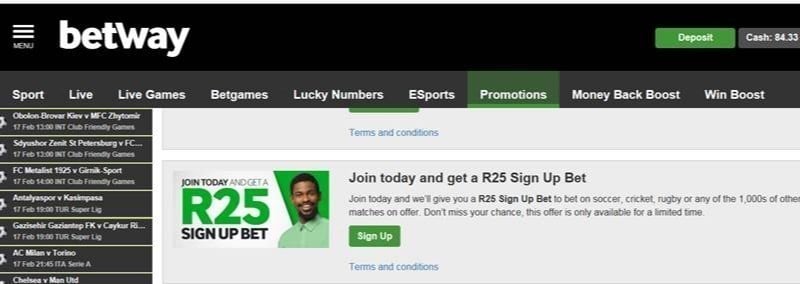 Betway South Africa Bonus Code gets you R25 free bet.
