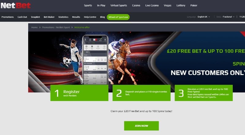 NetBet bonus code NEWBONUS - Get £20 + 100 free spins with this code