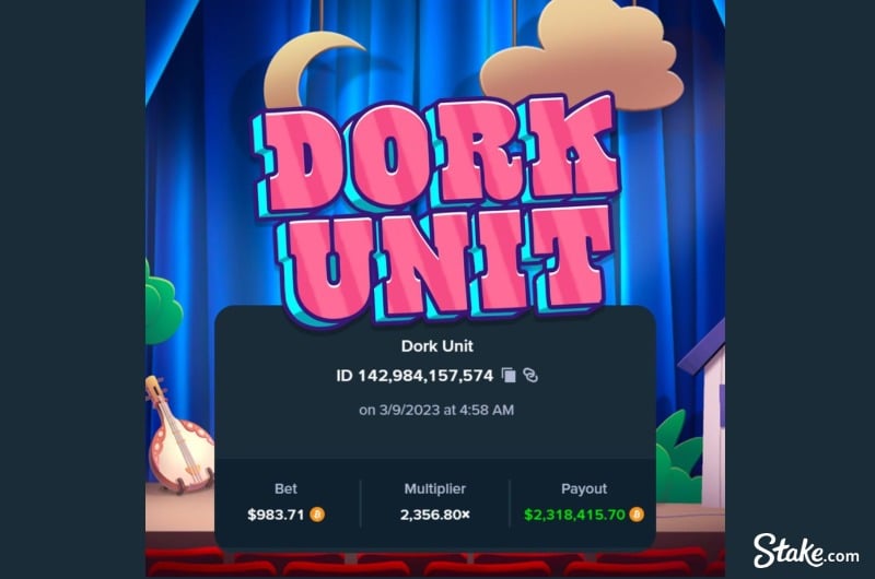 Énorme gain de 2,3 millions de dollars sur Dork Unit au casino Stake .com