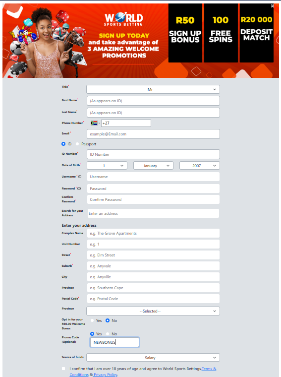 World Sports Betting Promo Code NEWBONUS - Up to R20,000 Bonus plus 100 ...