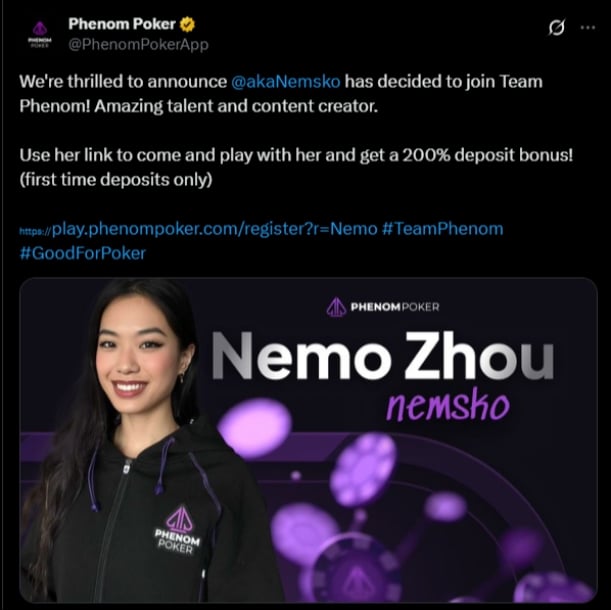 Phenom Poker Gets New Brand Ambassador In Nemo Zhou