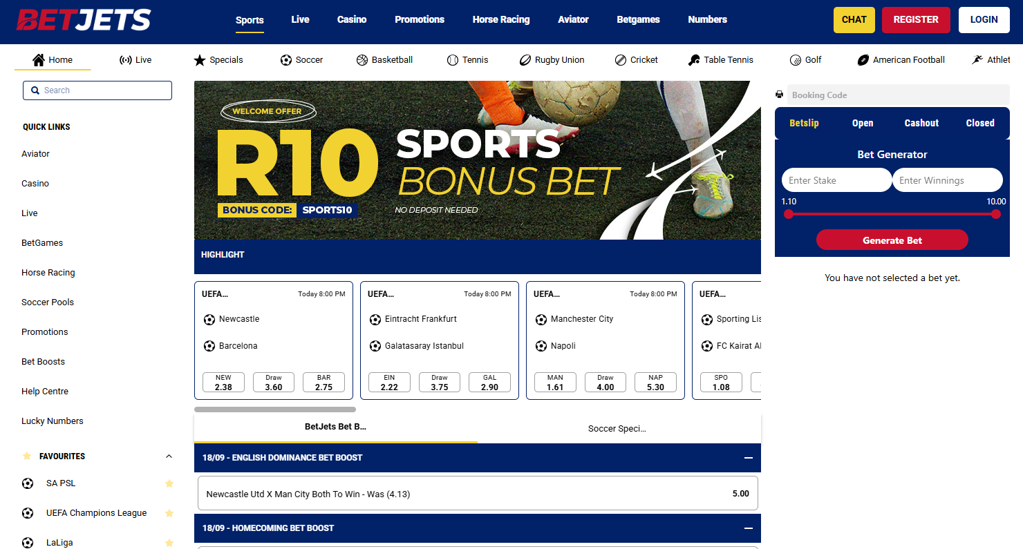 BetJets Promo Code BETS - Get R2000, Plus R10 Sports Bonus Bet