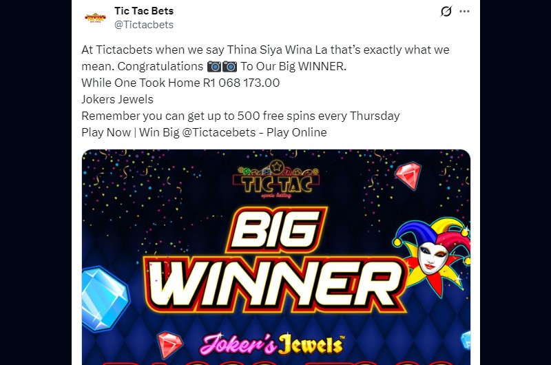 Lucky Spinner Hits R1M Win on Joker’s Jewels at Tictacbets Casino