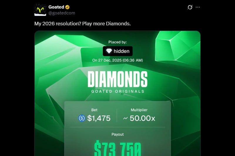 Goated Diamonds Player Heads Into New Year 50x Richer - $73,750 Payday