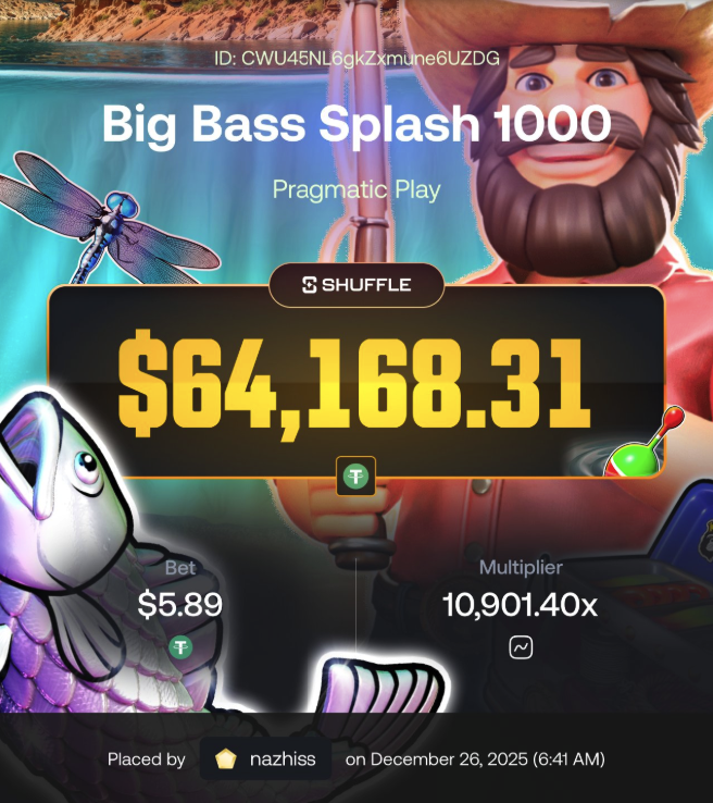 Shuffle Casino 赢得 64,168.31 美元 Big Bass Splash 1000 大奖