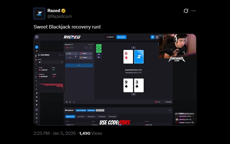 Rewarding Razed Recovery Run: D3 Makes $13K on Blackjack in 25 Seconds