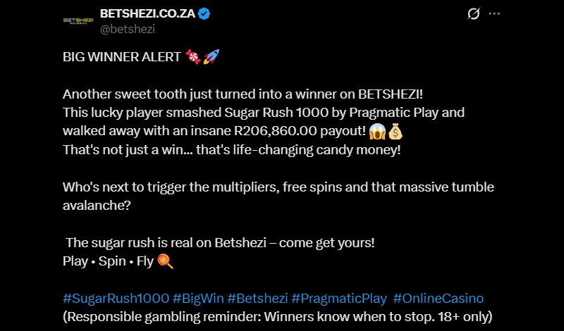 BetShezi Player Scoops R206,860 on Pragmatic Play’s ‘Sugar Rush 1000’ Slot
