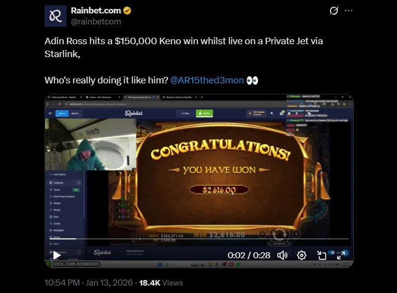 Adin Ross Hits $150K Keno Win at 40,000 Feet Using Starlink on Rainbet