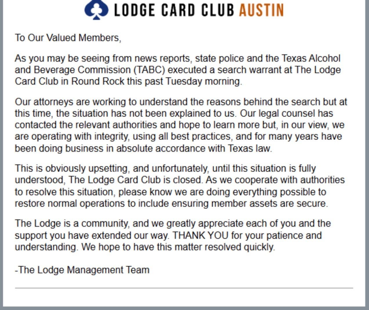 TABC Investigation After Raid on The Lodge Card Club